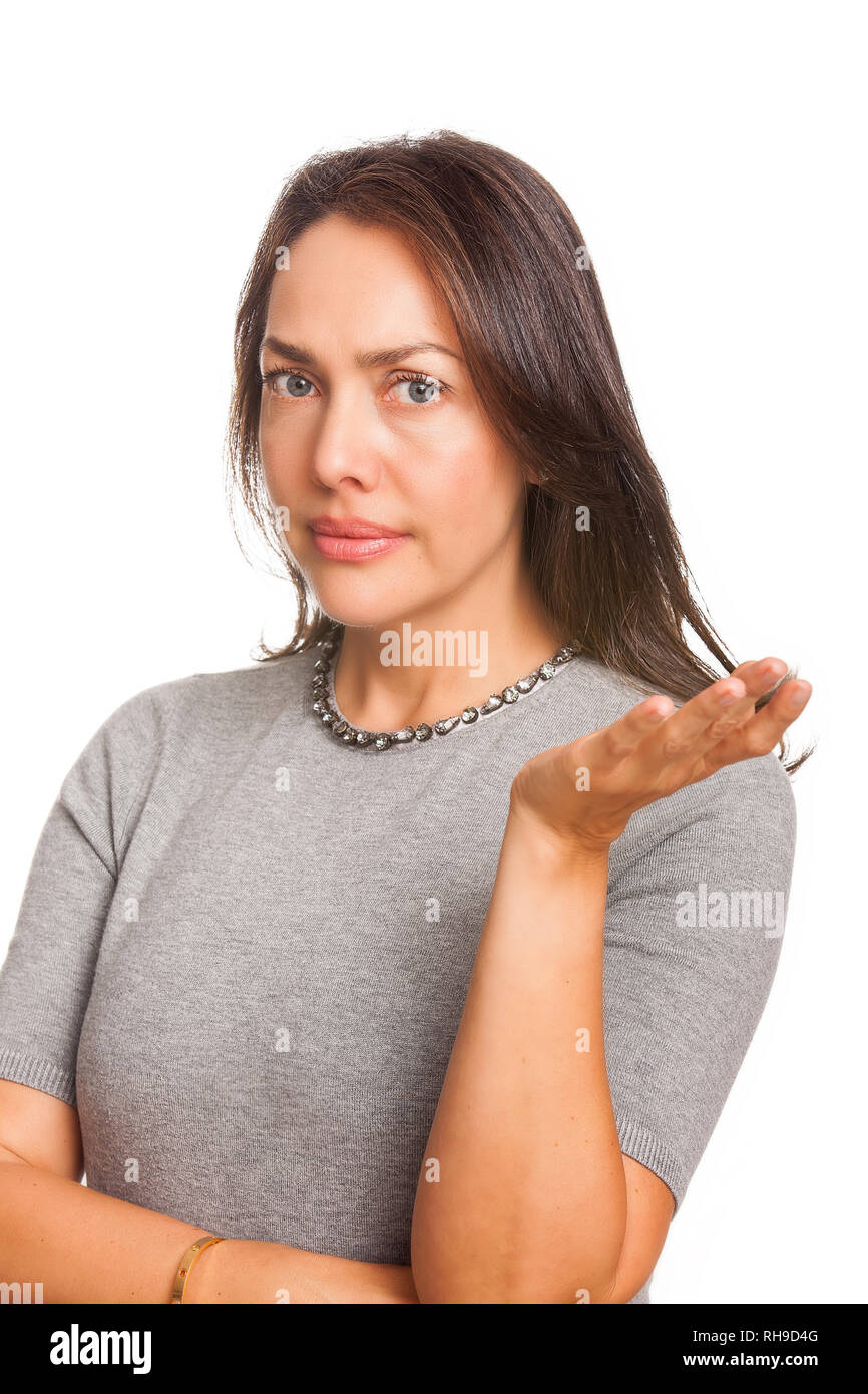 Young caucasian woman with inquisitive expression isolated on white ...