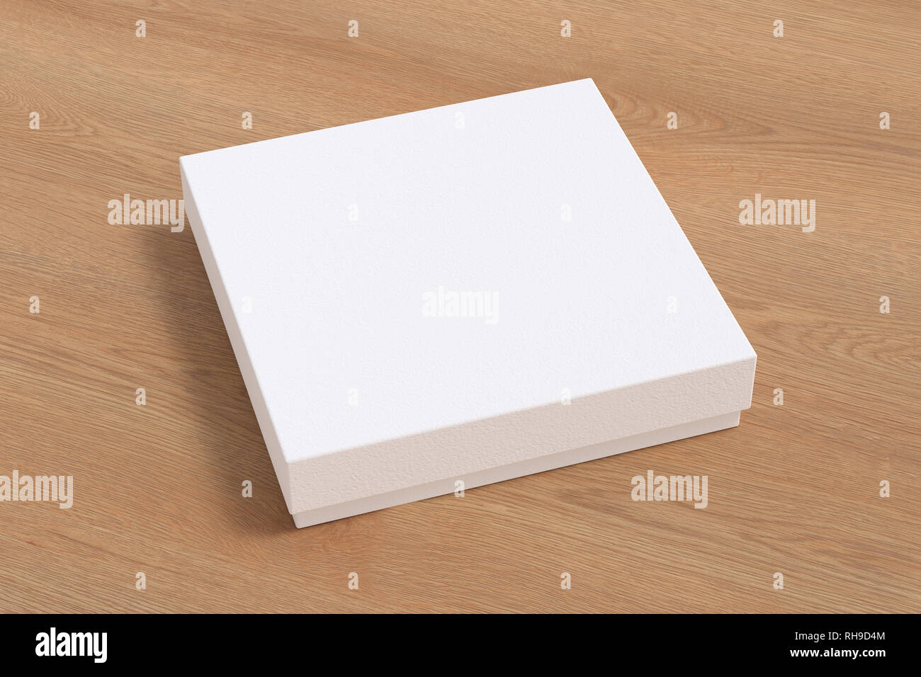 Blank white square flat gift box mock up on wooden background. With ...