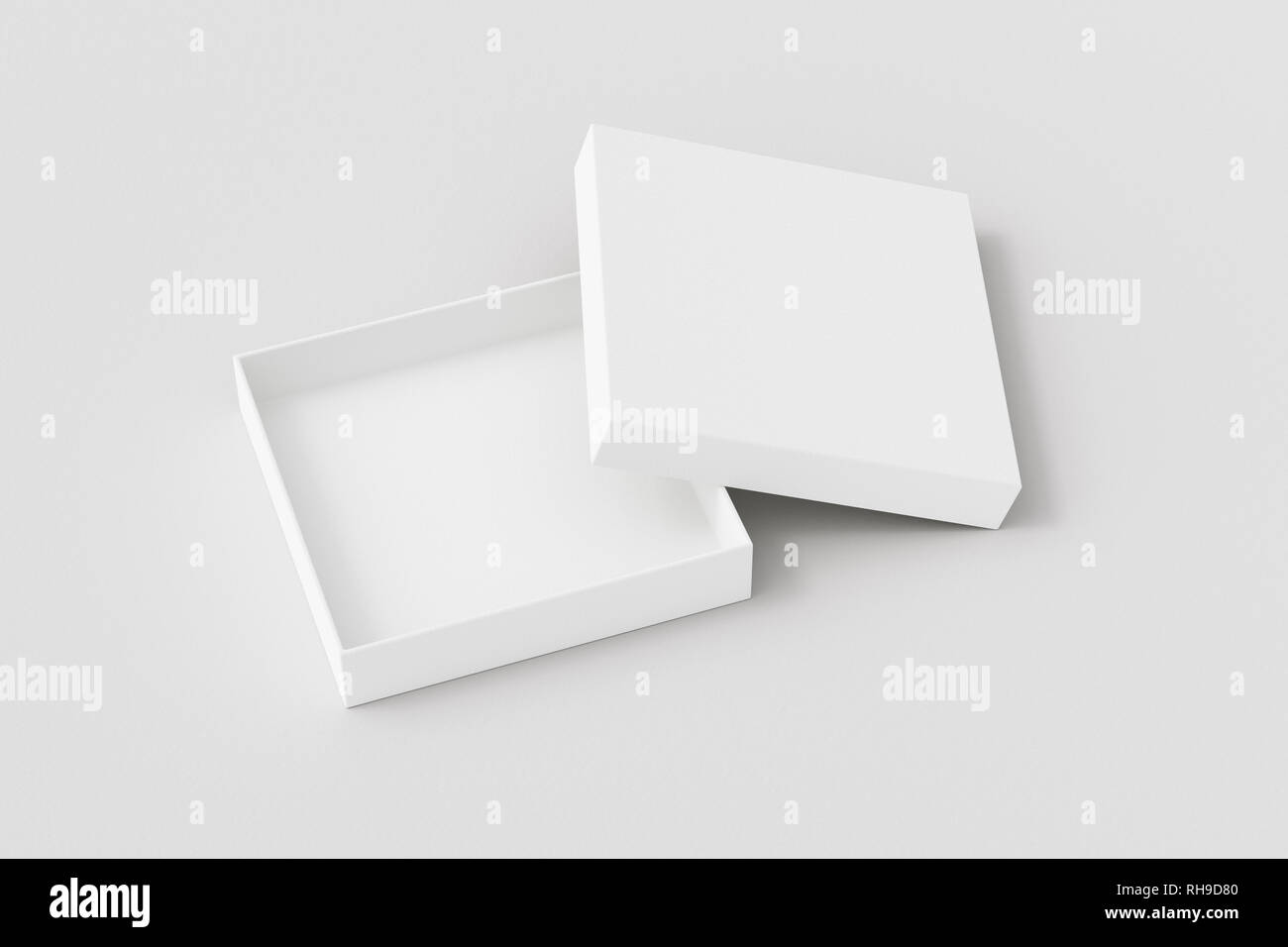 Blank white square open flat gift box mock up on white background. With ...