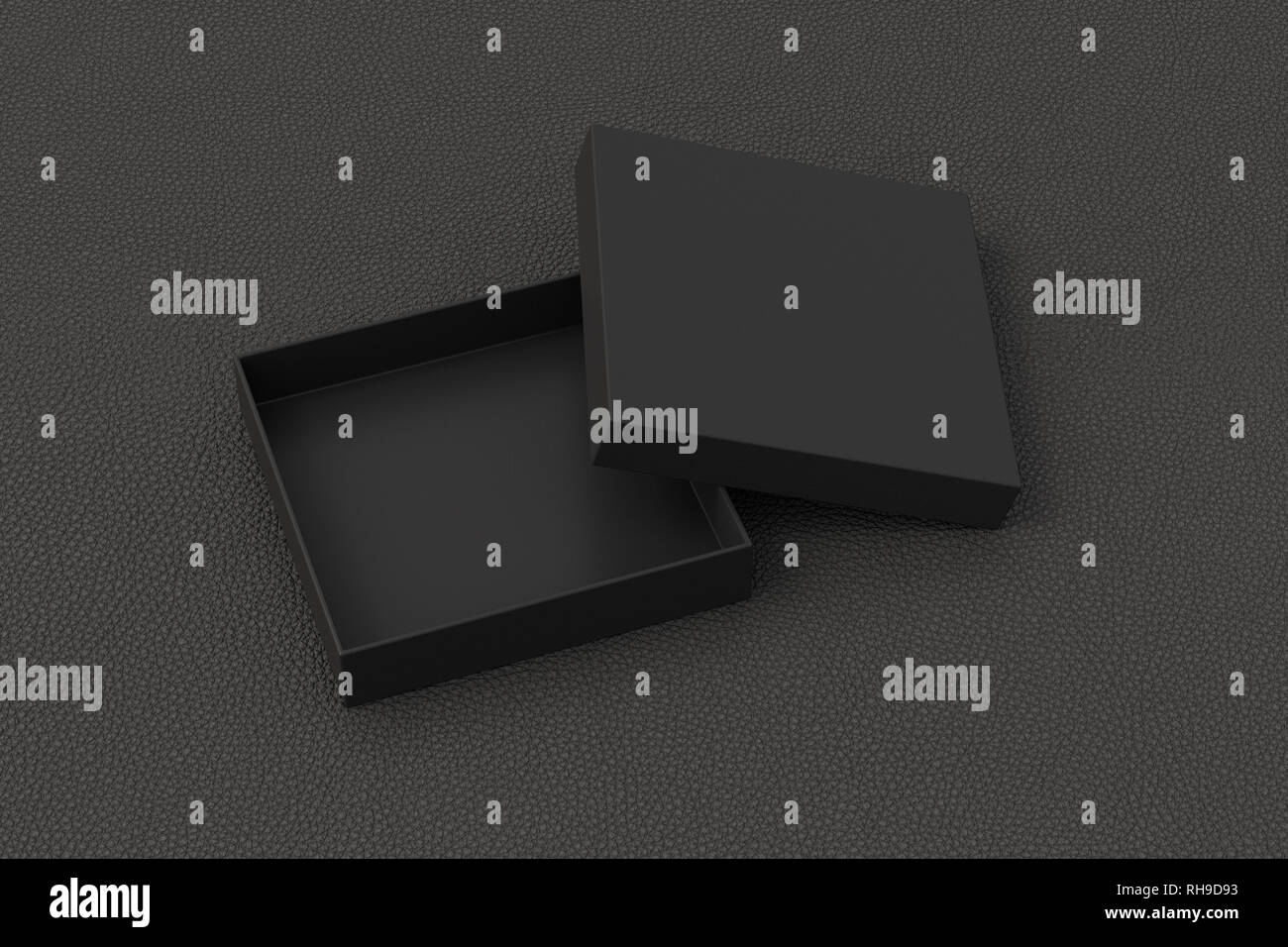 Blank open black square flat gift box mock up on black background. With ...