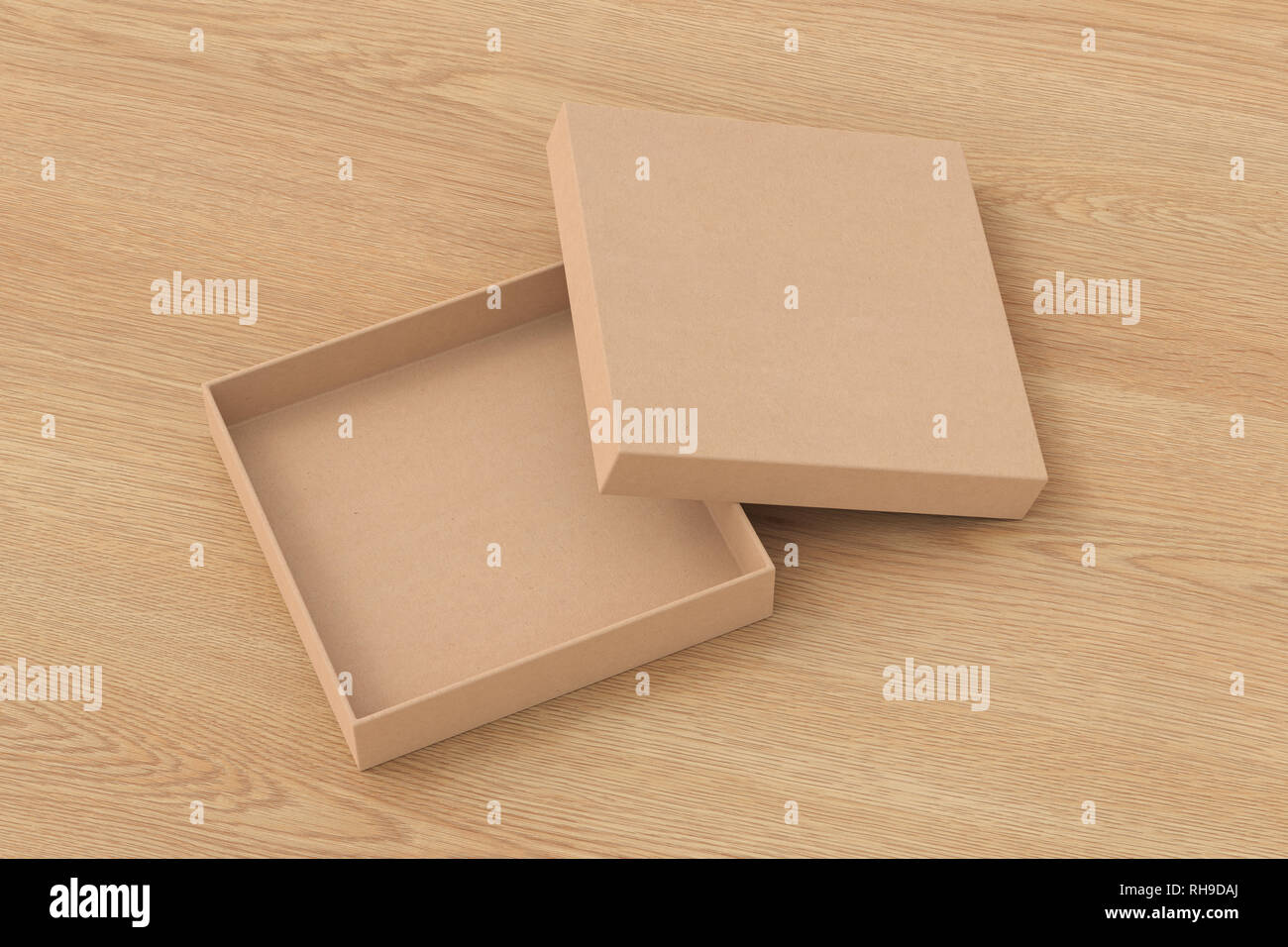Blank open carton square flat gift box mock up on wooden background ...