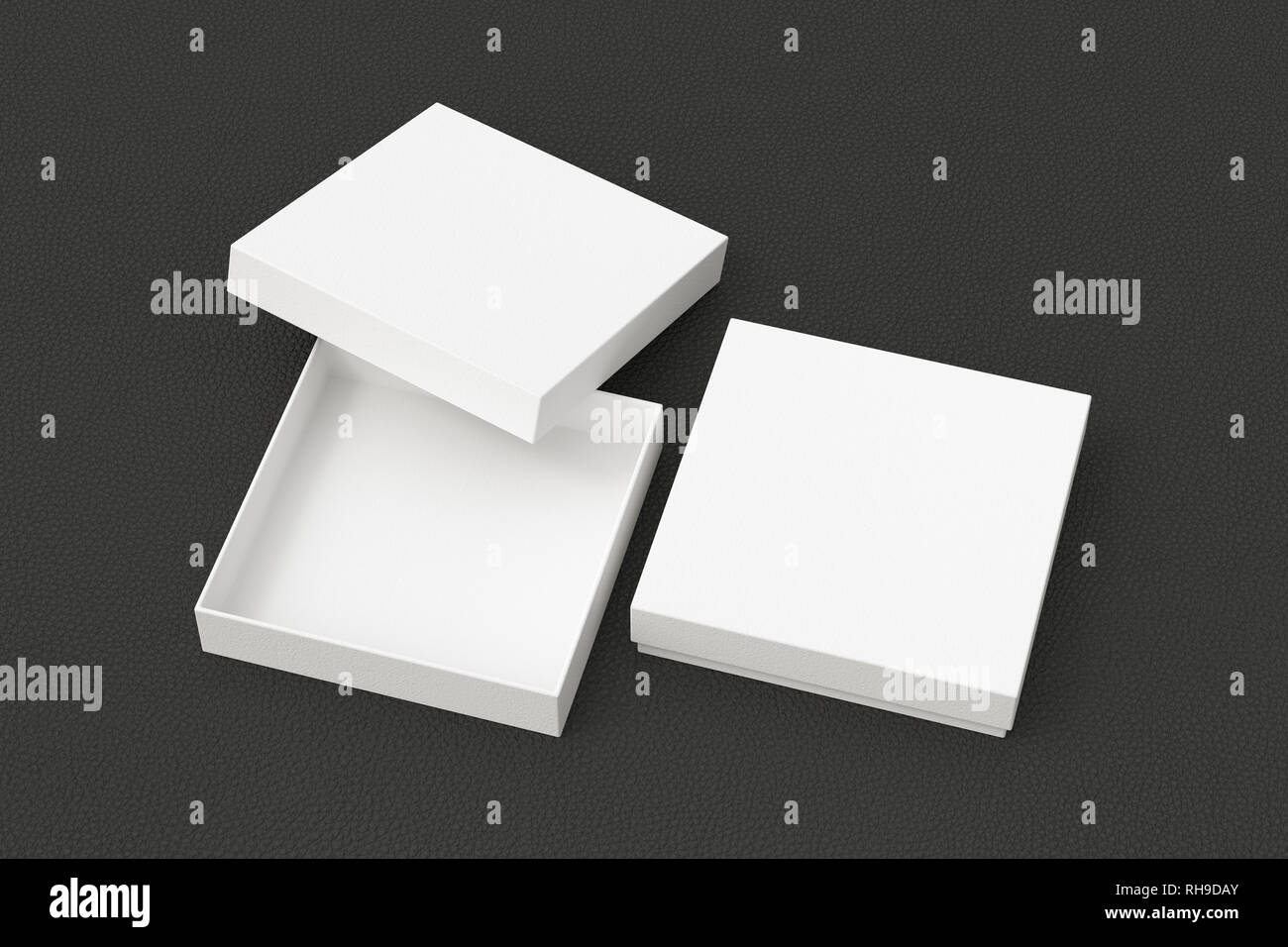 Blank open and closed white square flat gift box mock up on black ...
