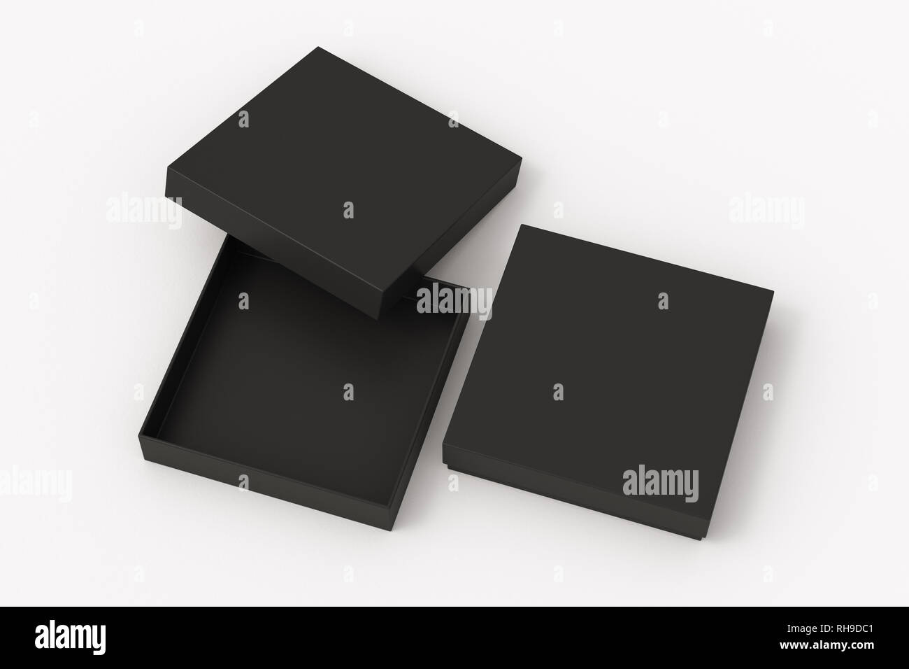 Blank open and closed black square flat gift box mock up on white ...