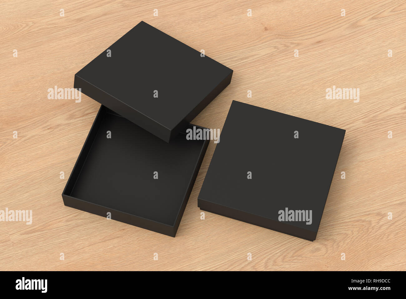 Blank open and closed black square flat gift box mock up on wooden ...