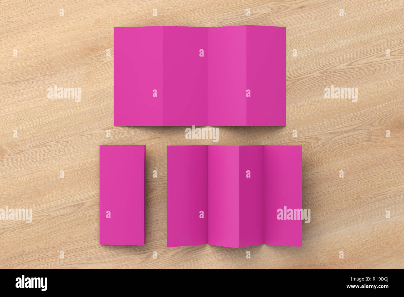Blank fuchsia folded paper leaflet on wooden background. Eight pages ...