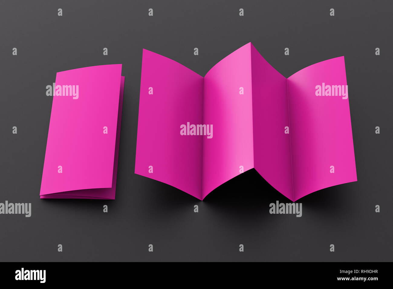 Blank fuchsia folded paper leaflet on black background. Eight pages ...