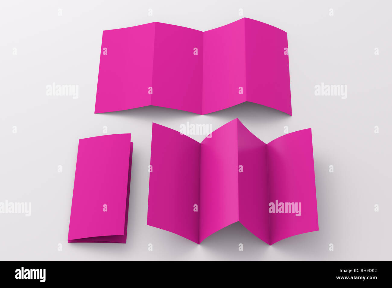 Blank fuchsia folded paper leaflet on white background. Eight pages ...