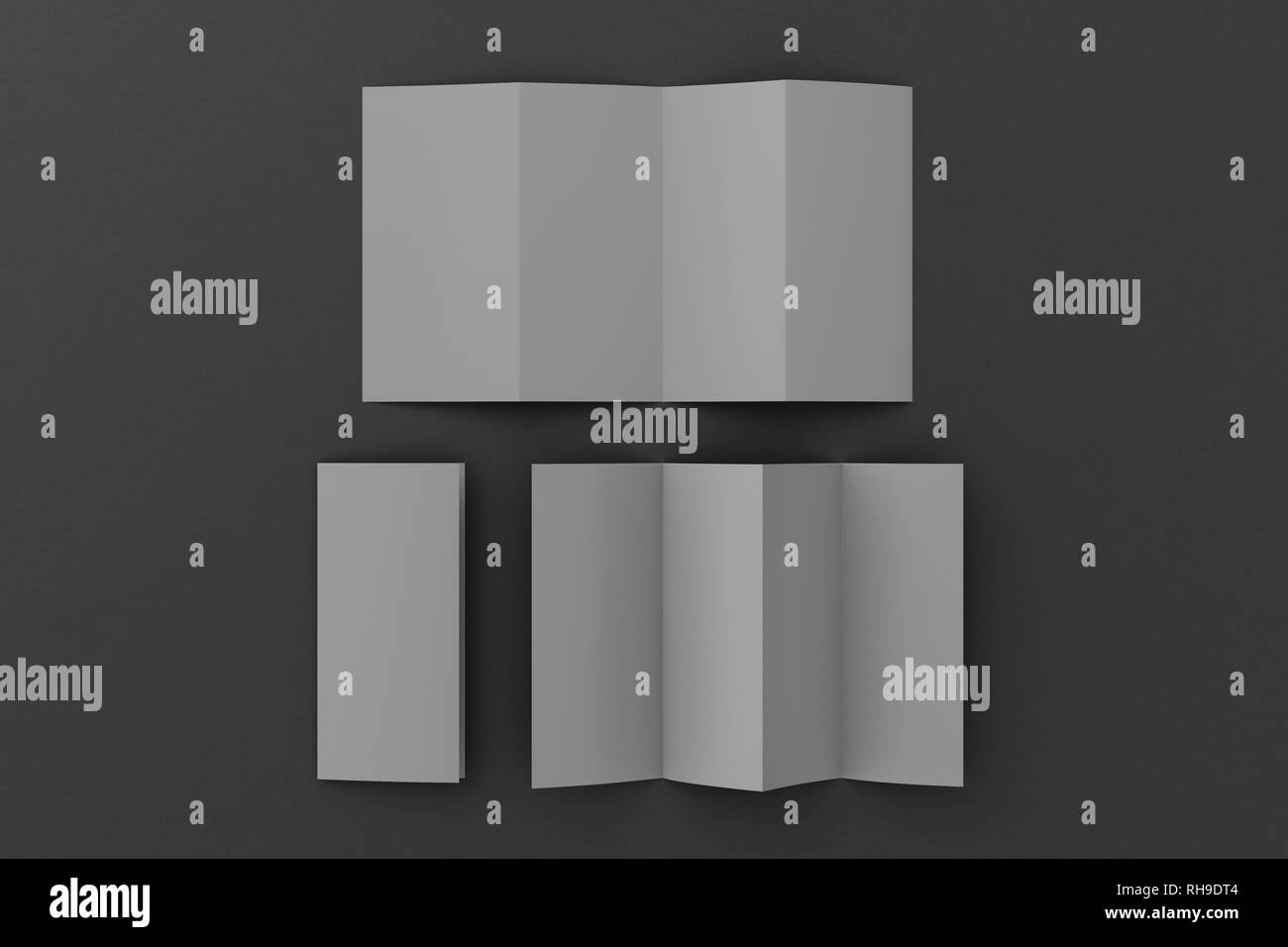 Blank gray folded paper leaflet on black background. Eight pages, four ...