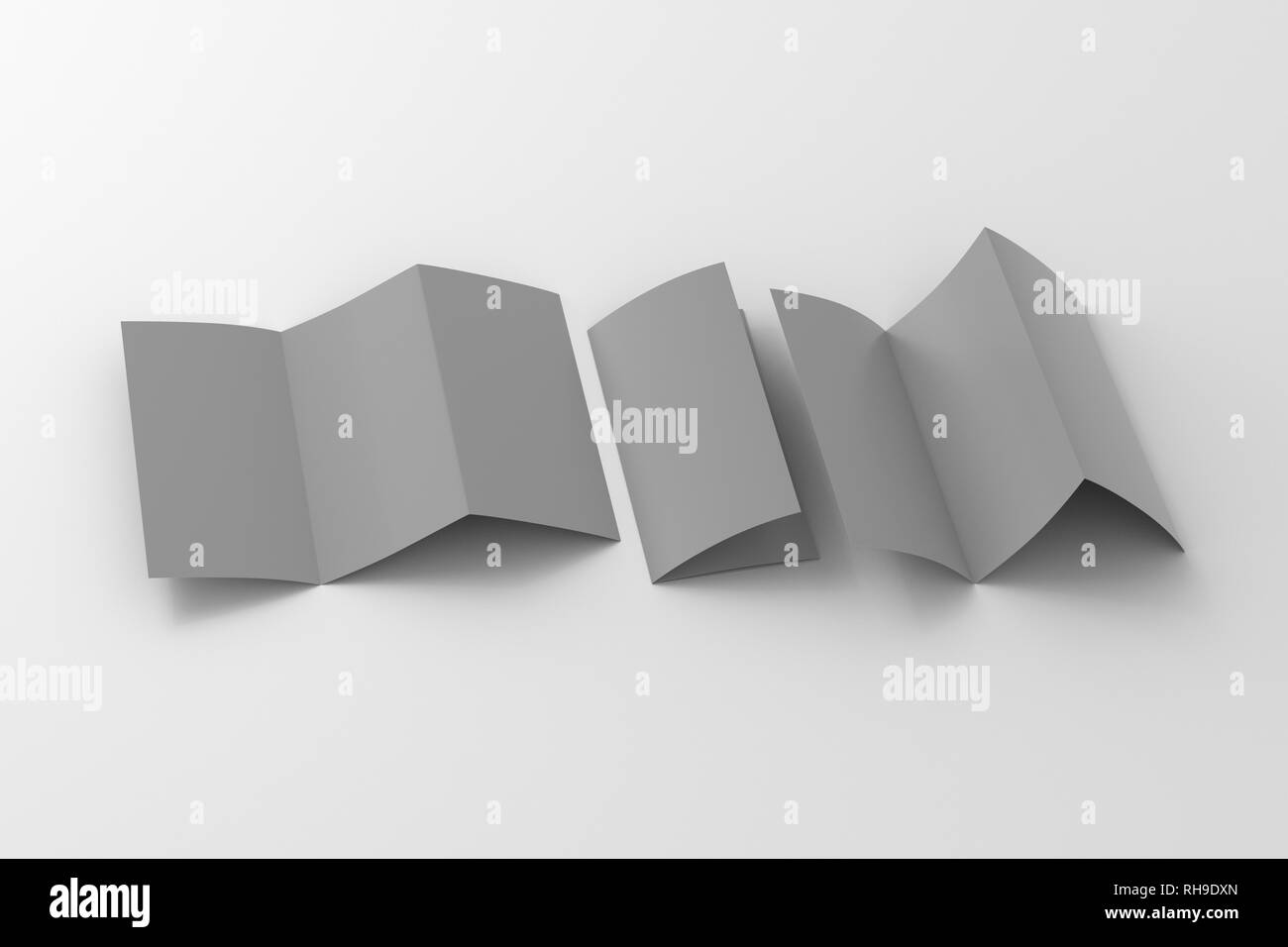 Blank gray trifold paper leaflet on white background. Six pages, three ...