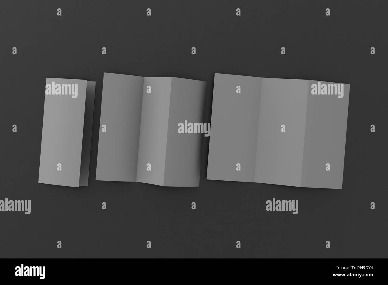 Blank gray trifold paper leaflet on black background. Six pages, three ...
