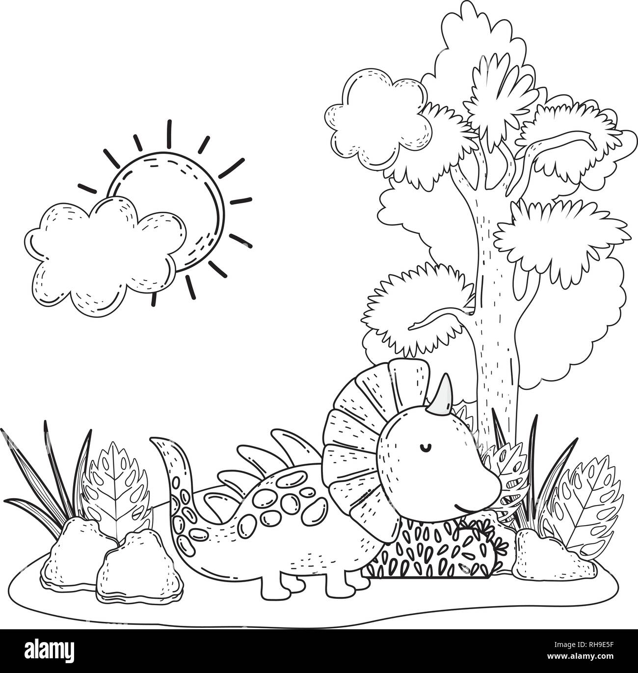 cute dinosaur with tree in the landscape Stock Vector Image & Art - Alamy