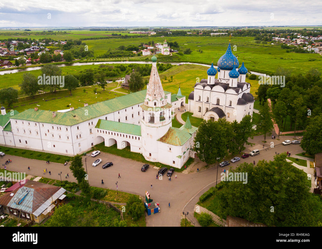 Aerial view of architectural ensemble of Suzdal Kremlin with Cathedral ...