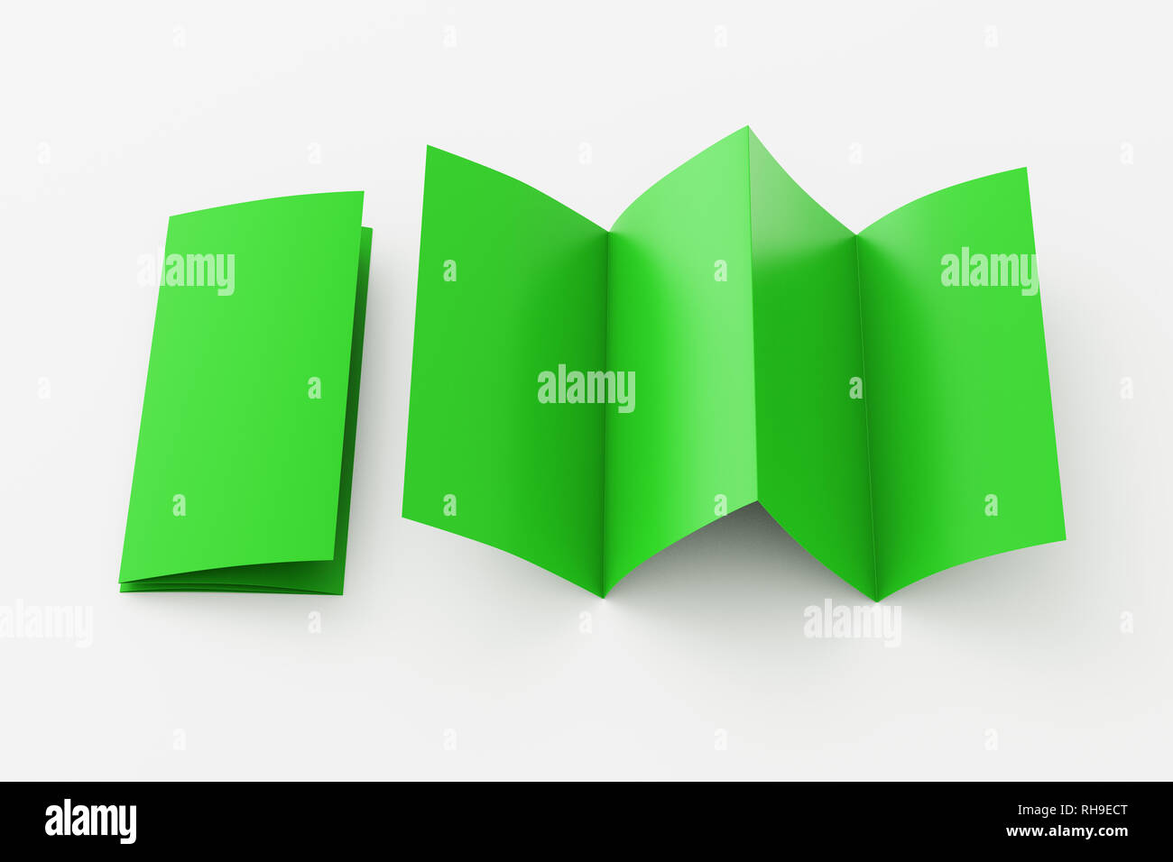 Blank green folded paper leaflet on white background. Eight pages, four ...