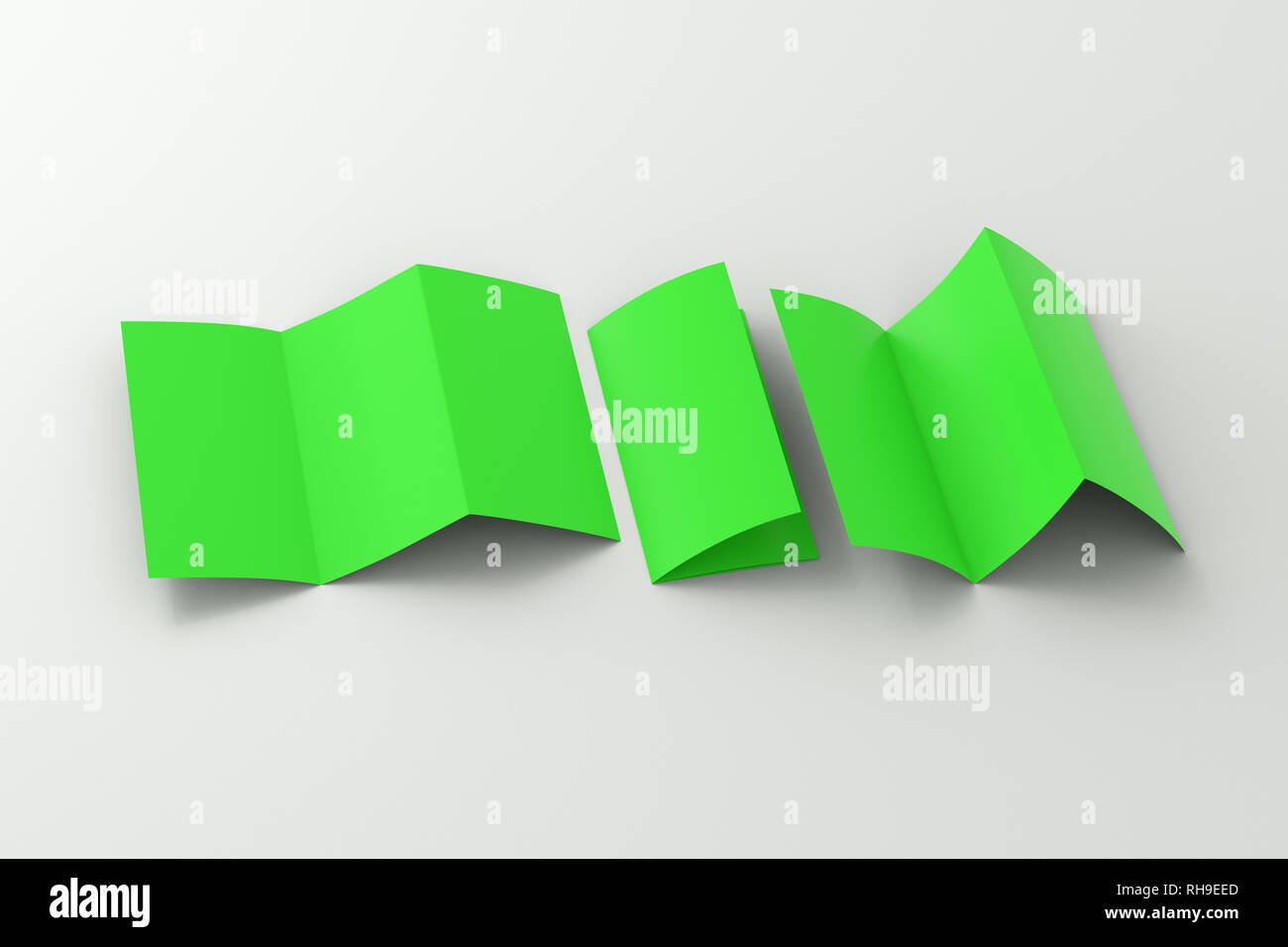 Blank green trifold paper leaflet on white background. Six pages, three ...