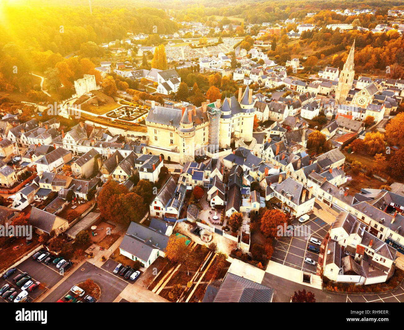 Aerial view of medieval castle of Chateau de Langeais located in ...
