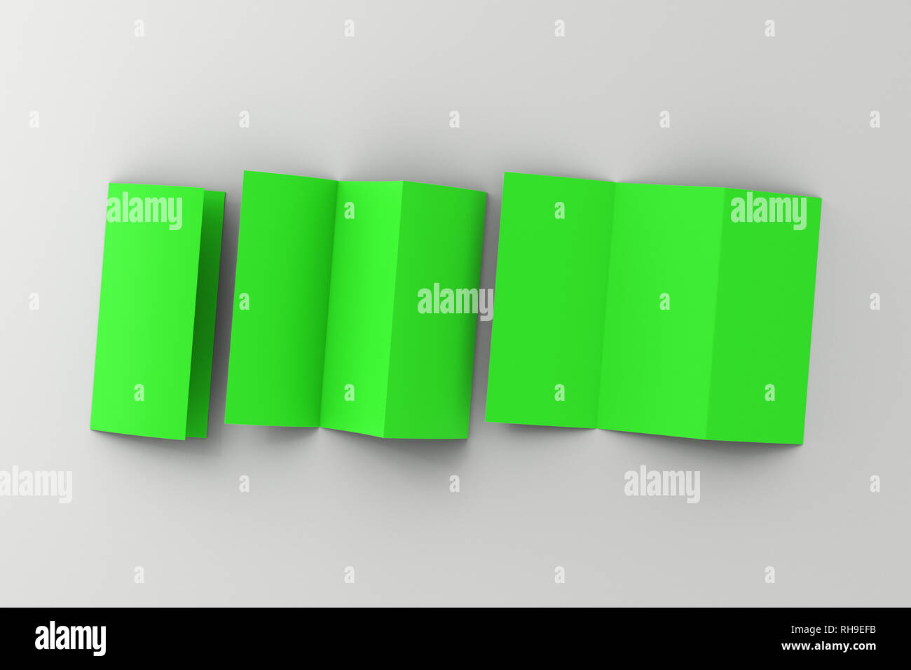 Blank green trifold paper leaflet on white background. Six pages, three ...