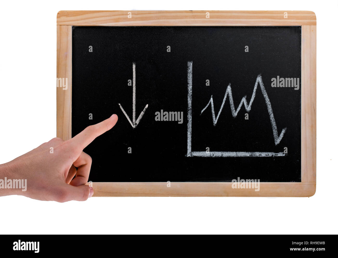 Hand pointing to down arrow and value diagram on a blackboard on a ...