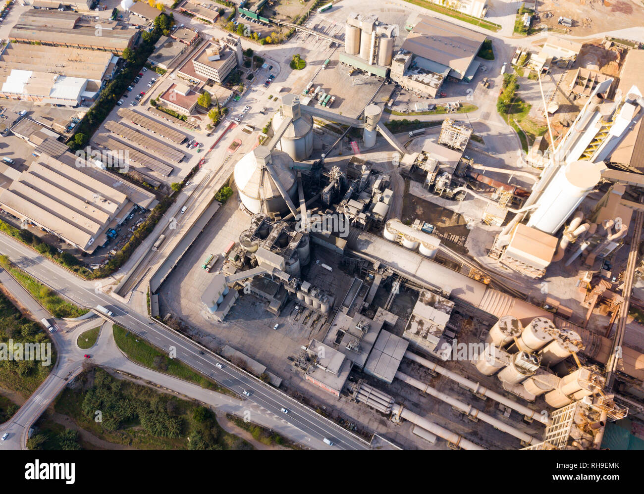 Industrial background with large cement factory, view from drone Stock ...