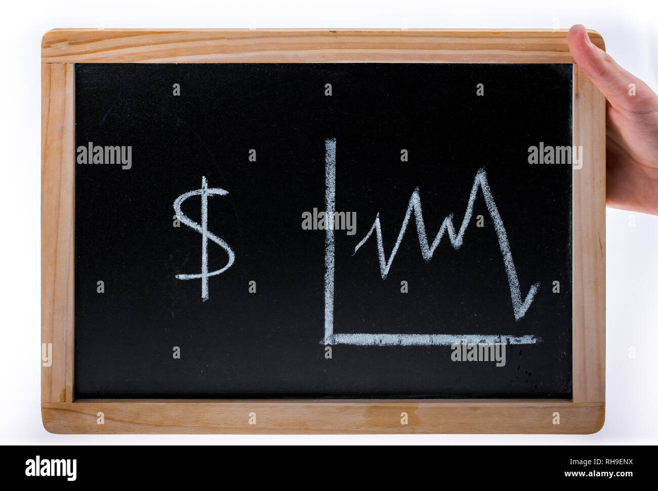 Hand holding American dollars value diagram on a blackboard on a white ...