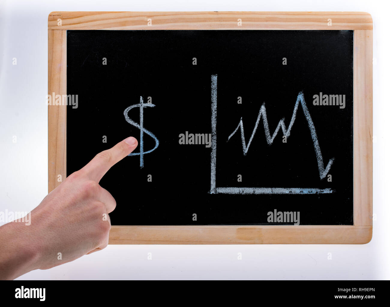 Hand pointing to American dollars value diagram on a blackboard on a ...