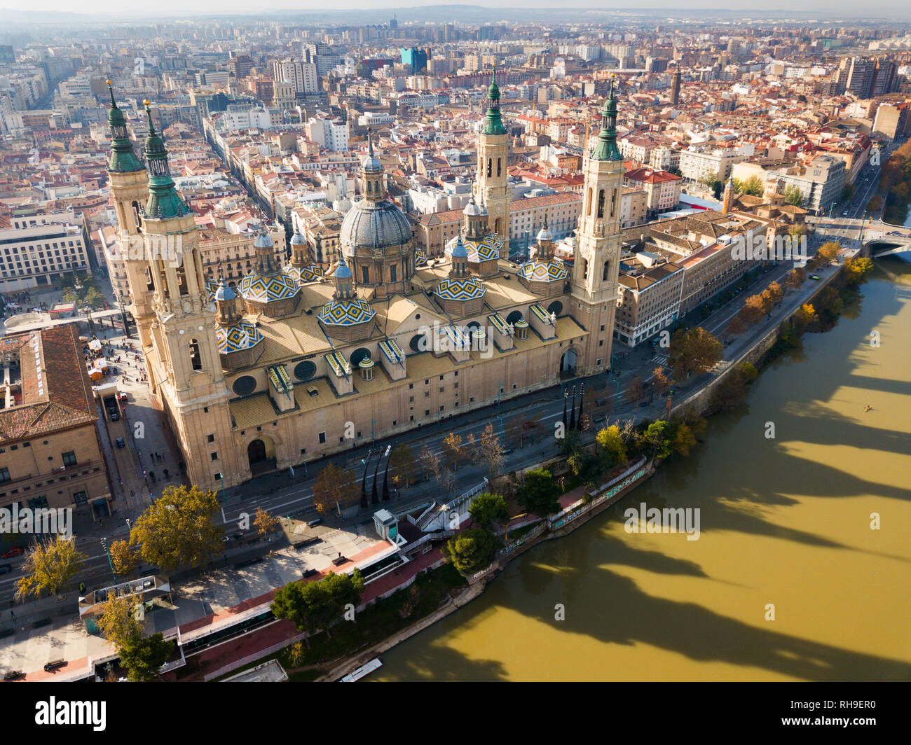 Aerial cityscape of Spanish city Zaragoza (Saragossa) with Cathedral ...