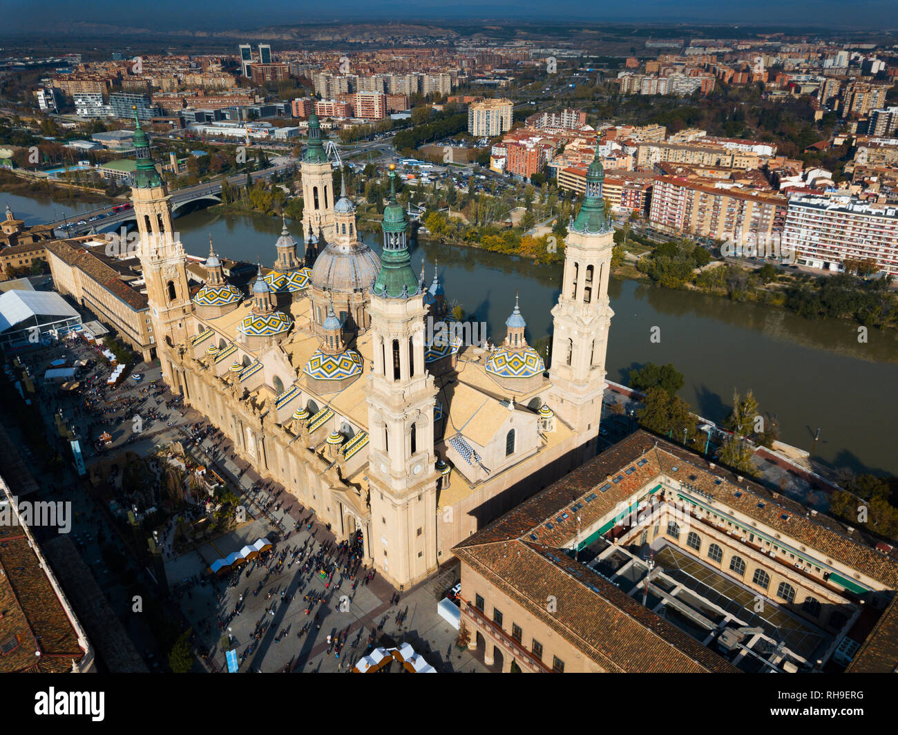 Aerial view of Saragossa with Cathedral Basilica of Our Lady, Spain ...