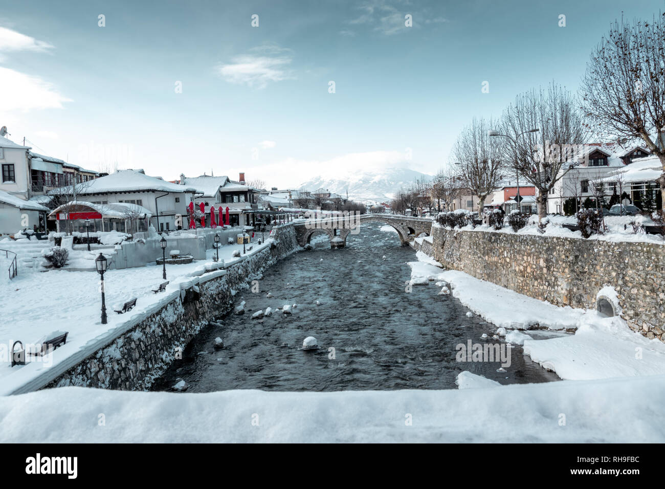 Lumbardhi river at the old city of Prizren, Kosovo in winter season at ...