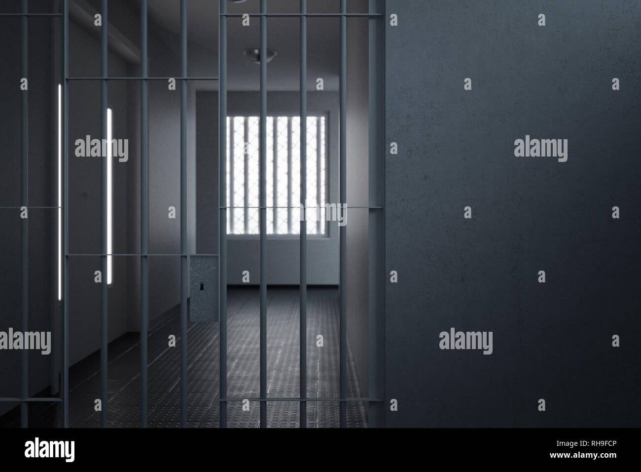 3d rendering of grunge prison wall next to the corridor with stanchions ...