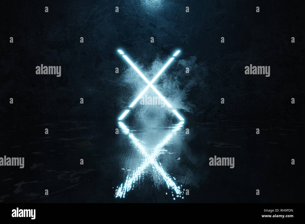 3d rendering of blue lighten X shape with light spot in front of grunge ...