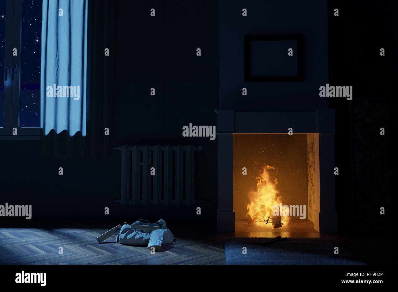 3d rendering of living room with fireplace at deep night Stock Photo ...