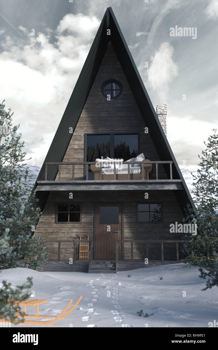 3d rendering of A-frame wooden cabin in snowy winter landscape Stock ...