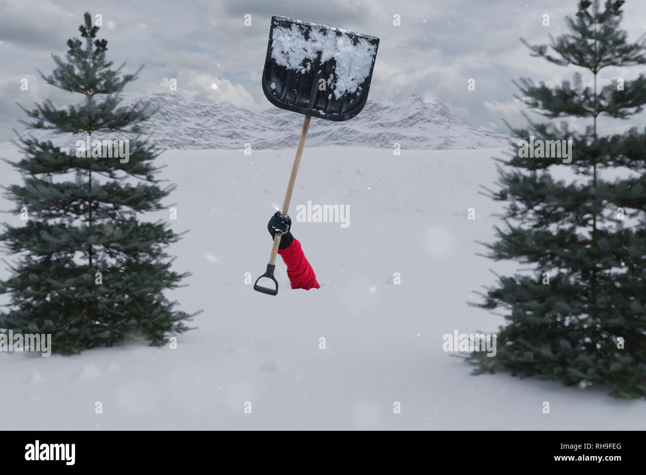 snow covered hand stretching out with snow shovel to signal help ...