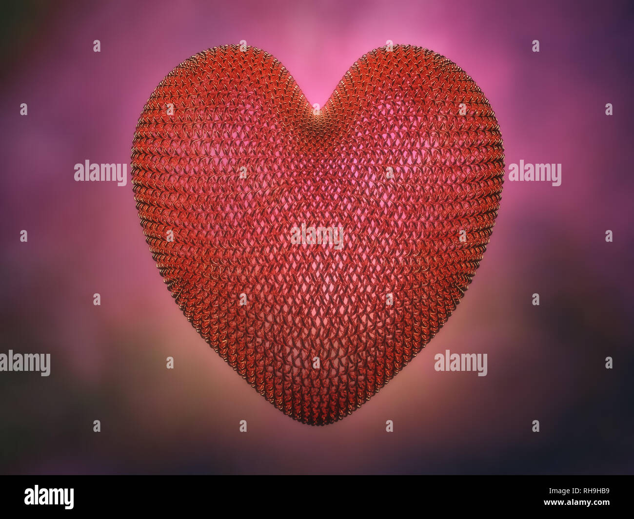 3D render of metal wired red heart against blurry purple background ...
