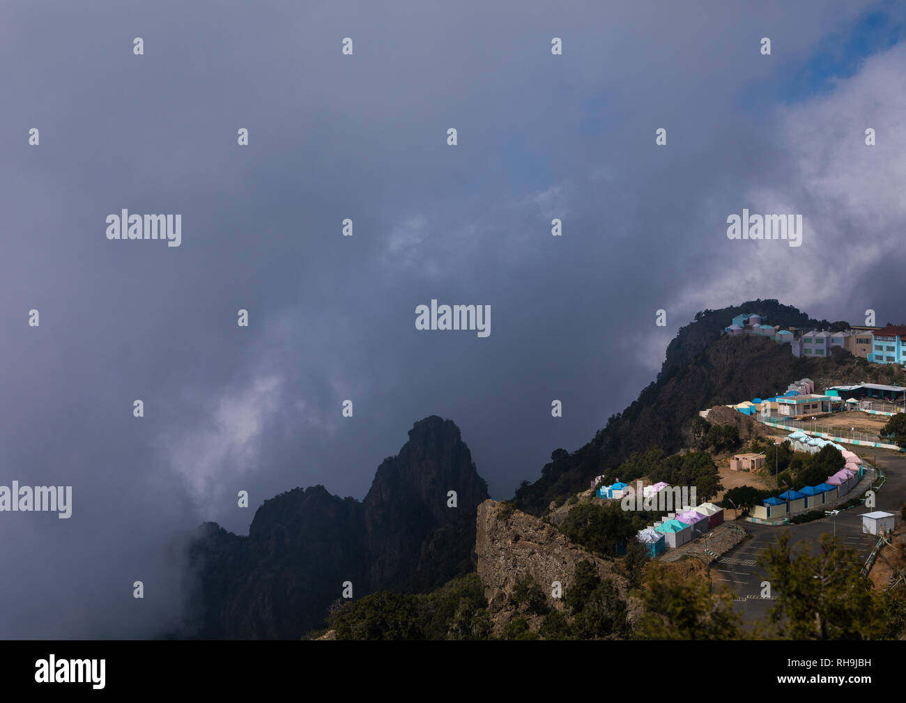 Mountainous village in the fog, Asir province, Abha, Saudi Arabia Stock ...