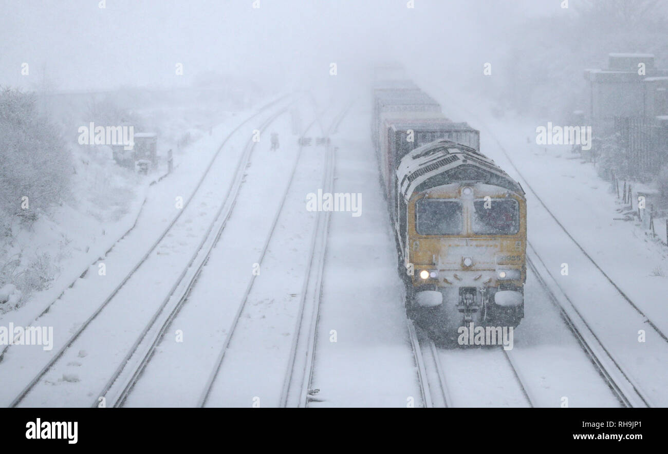 A freight train goes through Worting Junction in Basingstoke, Hampshire ...