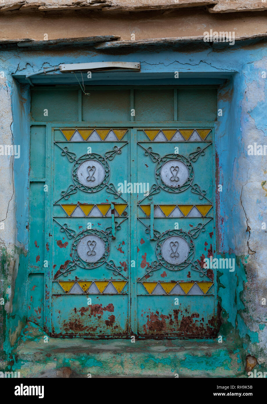 Old colorful door in al Khalaf village, Asir province, Sarat Abidah ...