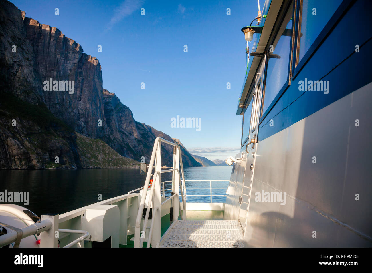Ferry crossing Lysefjord (Lysefjorden) heading to Lauvvik at the end of ...