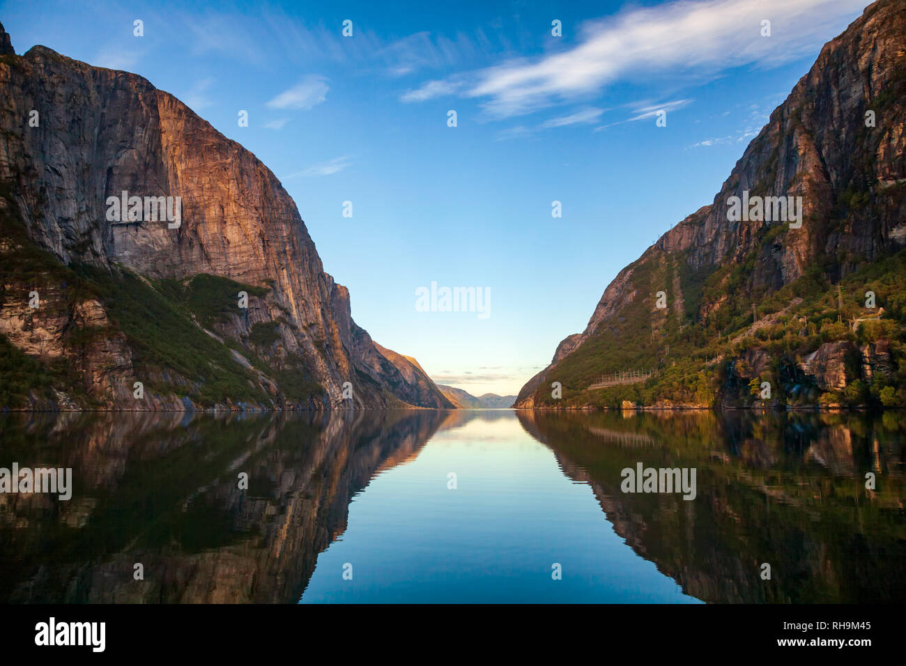 Morning sky over calm Lysefjord (Lysefjorden) as viewed from Lysebotn ...
