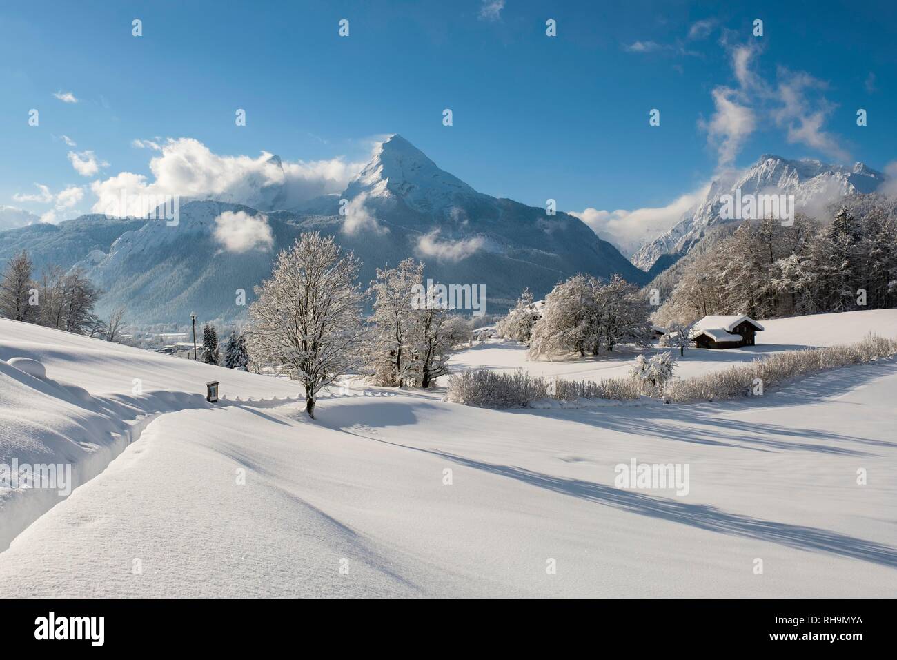 Winter landscape with view of the Watzmann, Hochkalter on the right ...