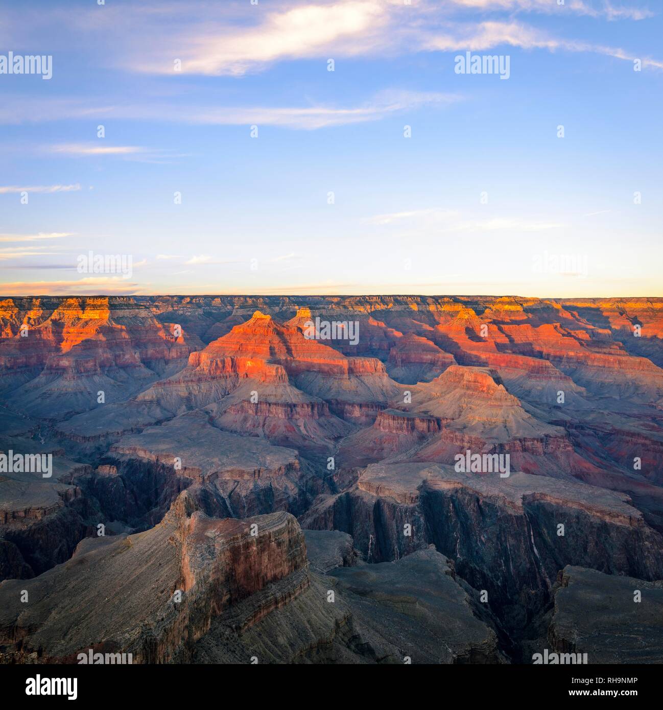 Gorge of the Grand Canyon at sunset, view from Hopi Point, eroded rock ...
