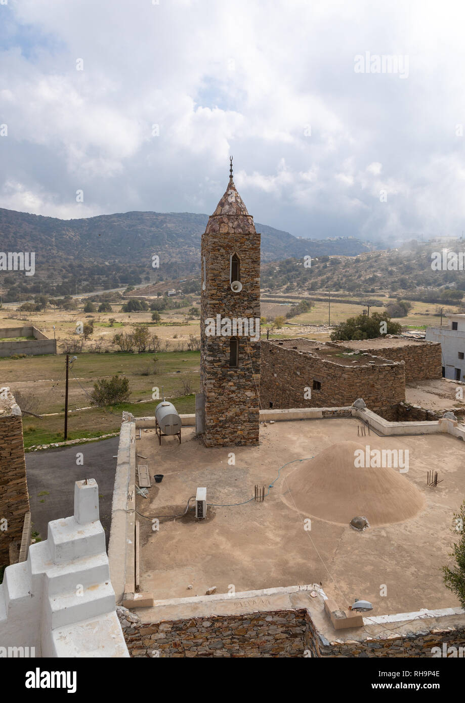Aerial view of a mosque made of stones, Asir province, Tanomah, Saudi ...