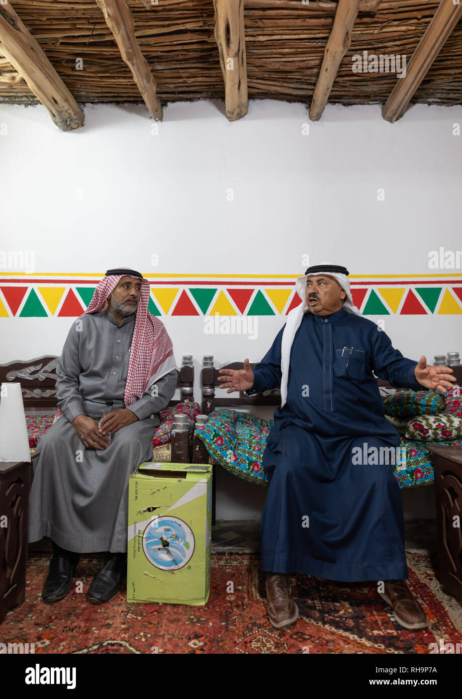 Saudi men inside a traditional house, Asir province, Tanomah, Saudi ...