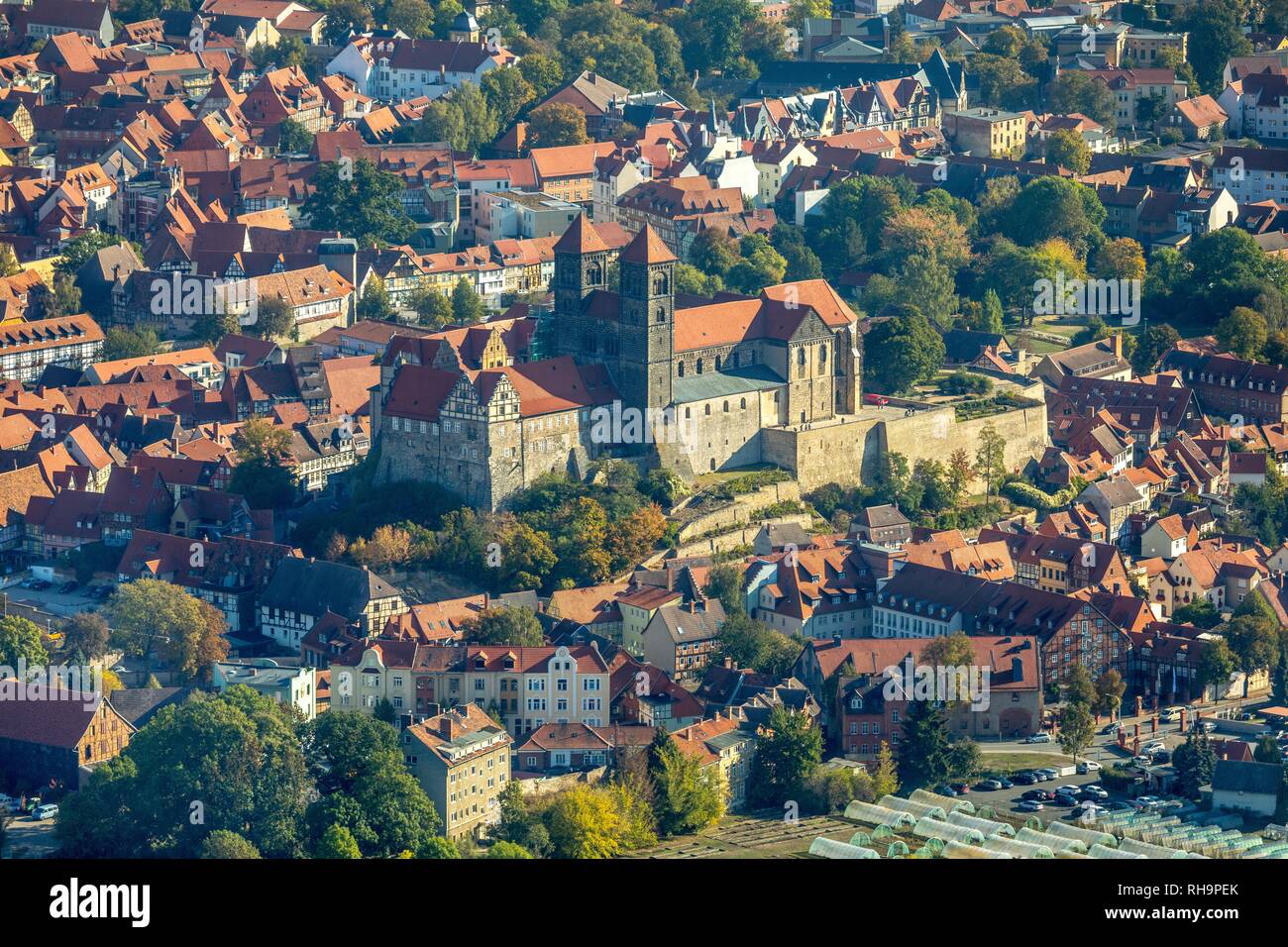 Aerial view, castle museum with old town, Quedlinburg, Saxony-Anhalt ...