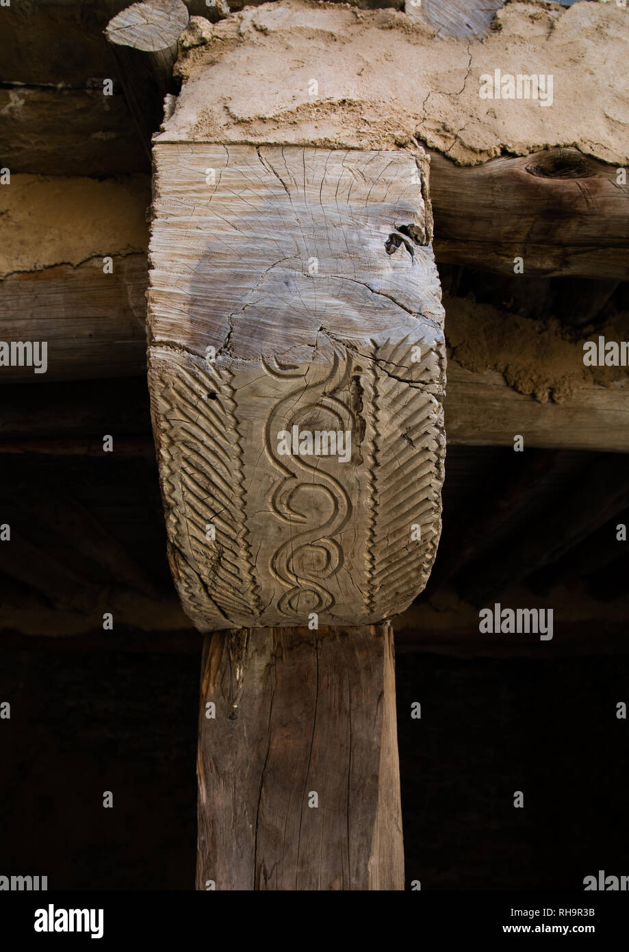 Wooden pillar in an old of of Dhee Ayn marble village, Al-Bahah region ...
