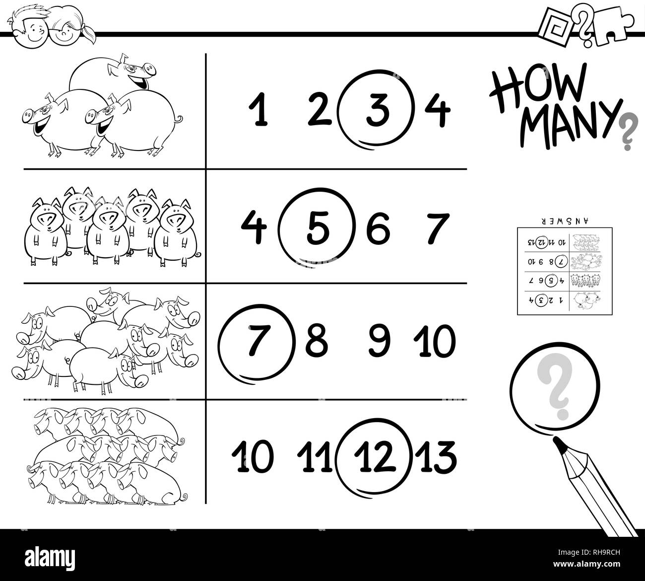 Black and White Cartoon Illustration of Educational Counting Activity ...