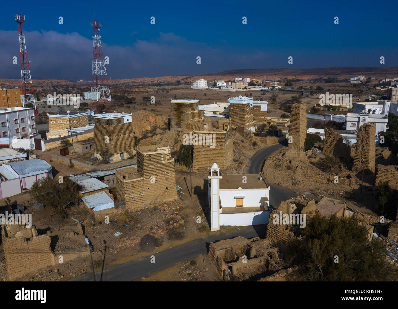 Aerial view of stone and mud houses with slates in al Khalaf village ...