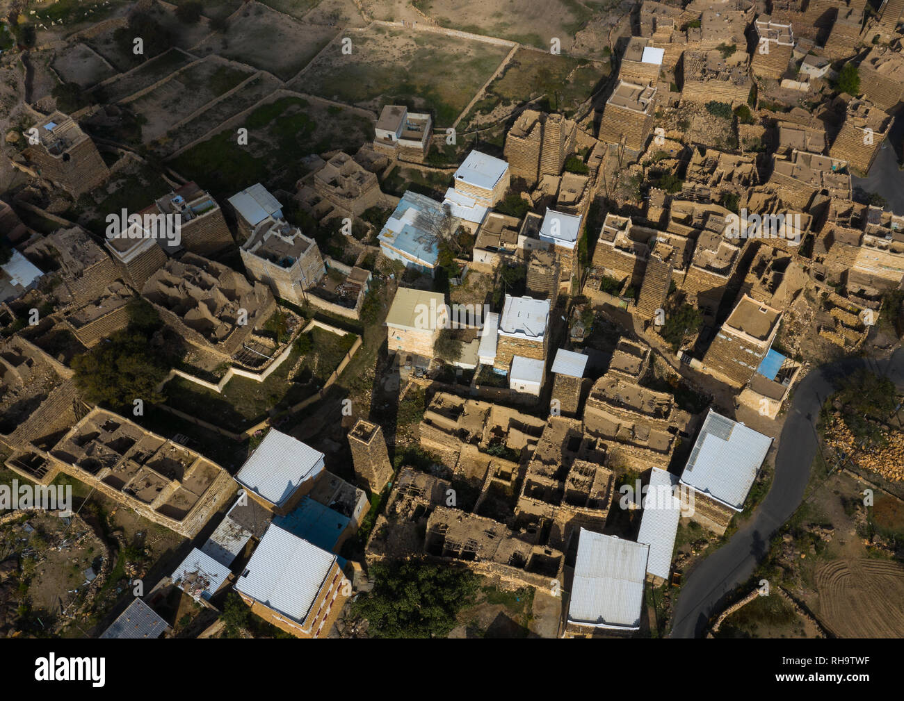 Aerial view of stone and mud houses with slates in al Khalaf village ...