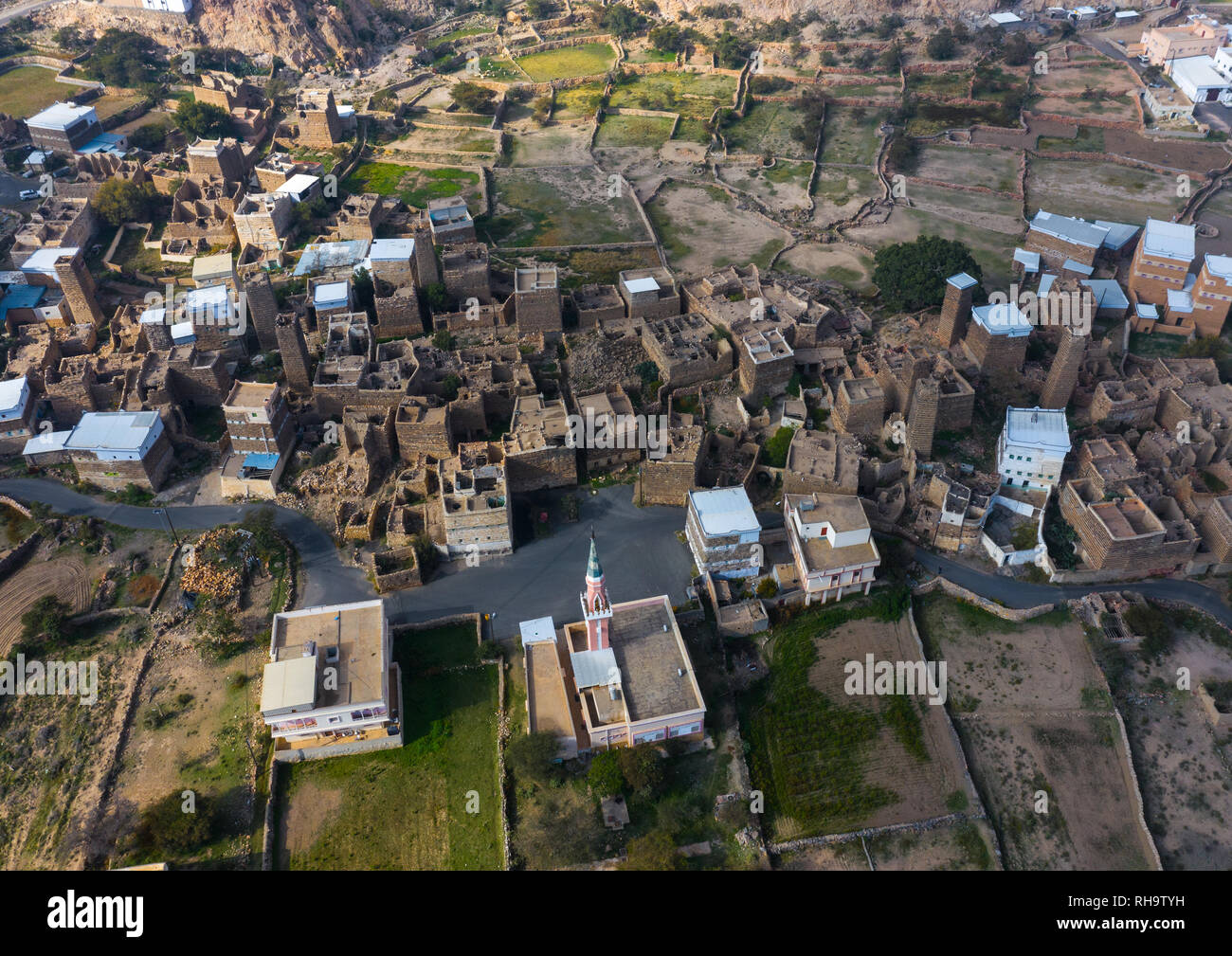 Aerial view of stone and mud houses with slates in al Khalaf village ...