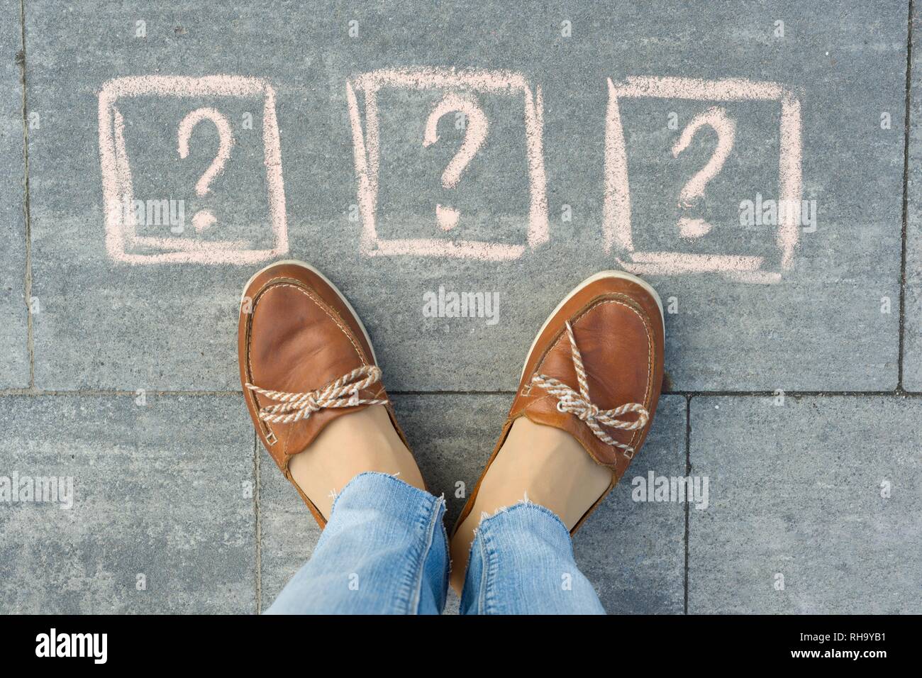 Woman feet with 3 question marks in front of her legs painted on the ...
