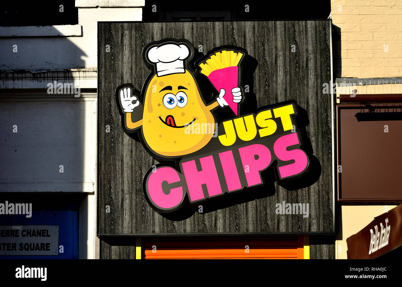 London, England, UK. Just Chips shop sign Stock Photo - Alamy